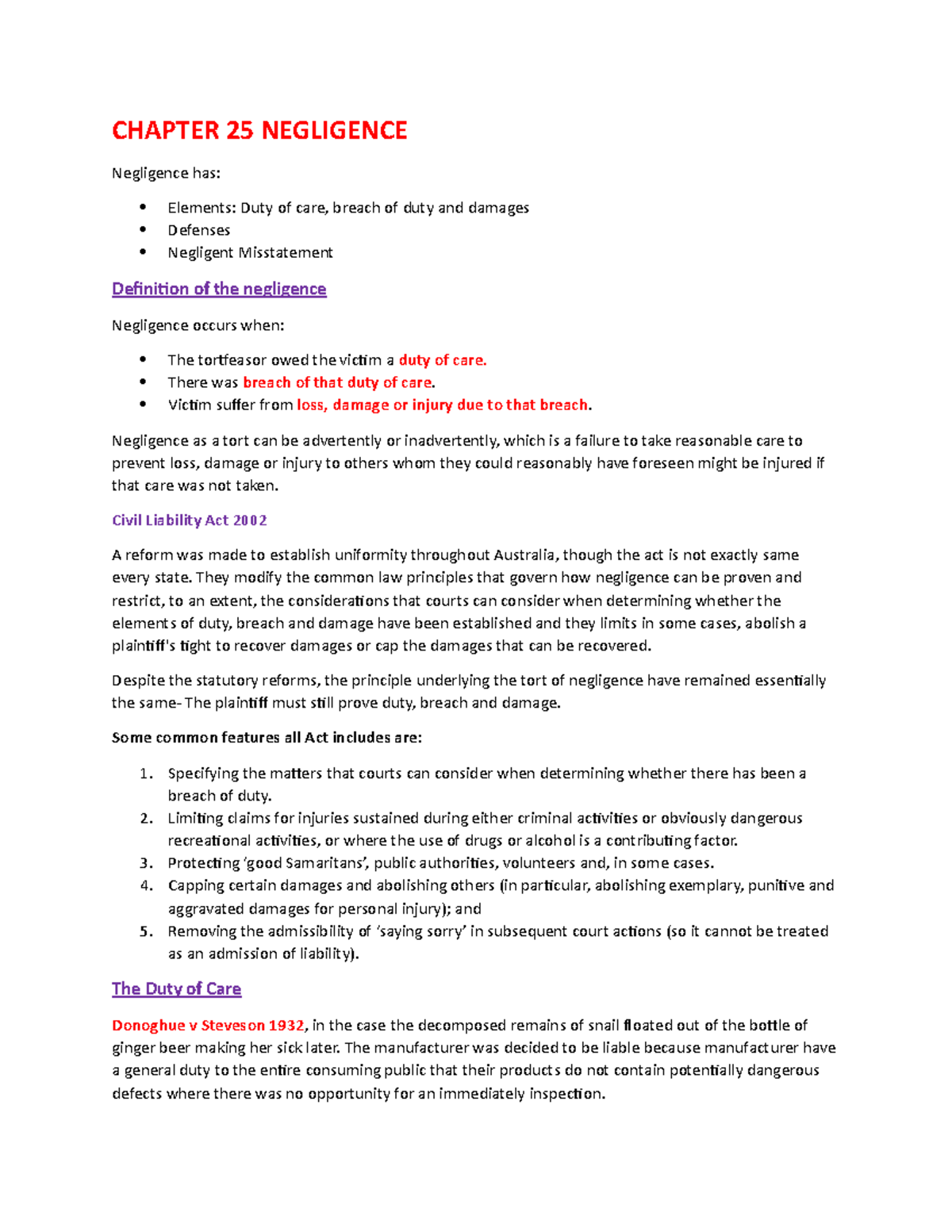 Negligence - Lecture notes 7 - CHAPTER 25 NEGLIGENCE Negligence has ...