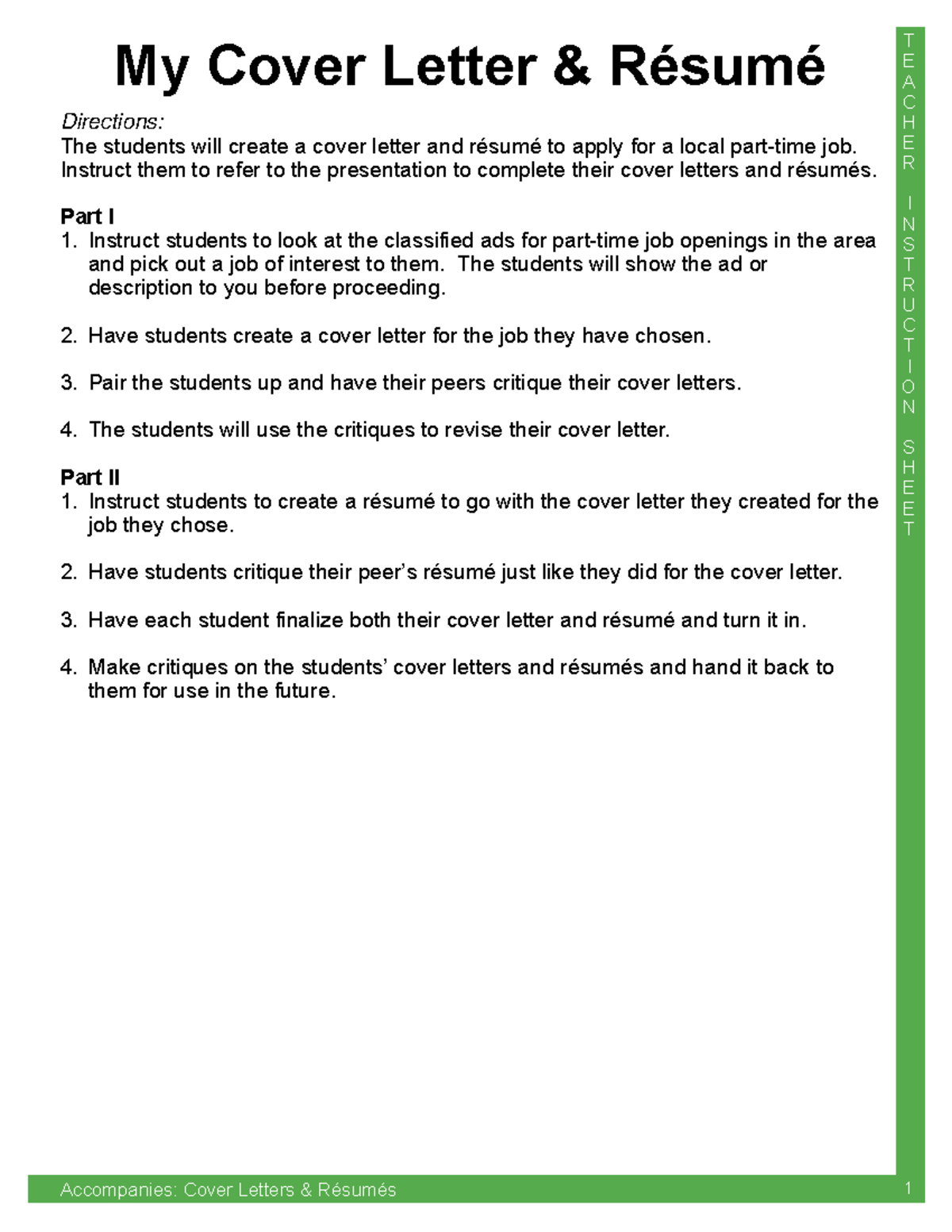 Project - My Cover Letter and Resume Teacher Instruction Sheet - T E A ...
