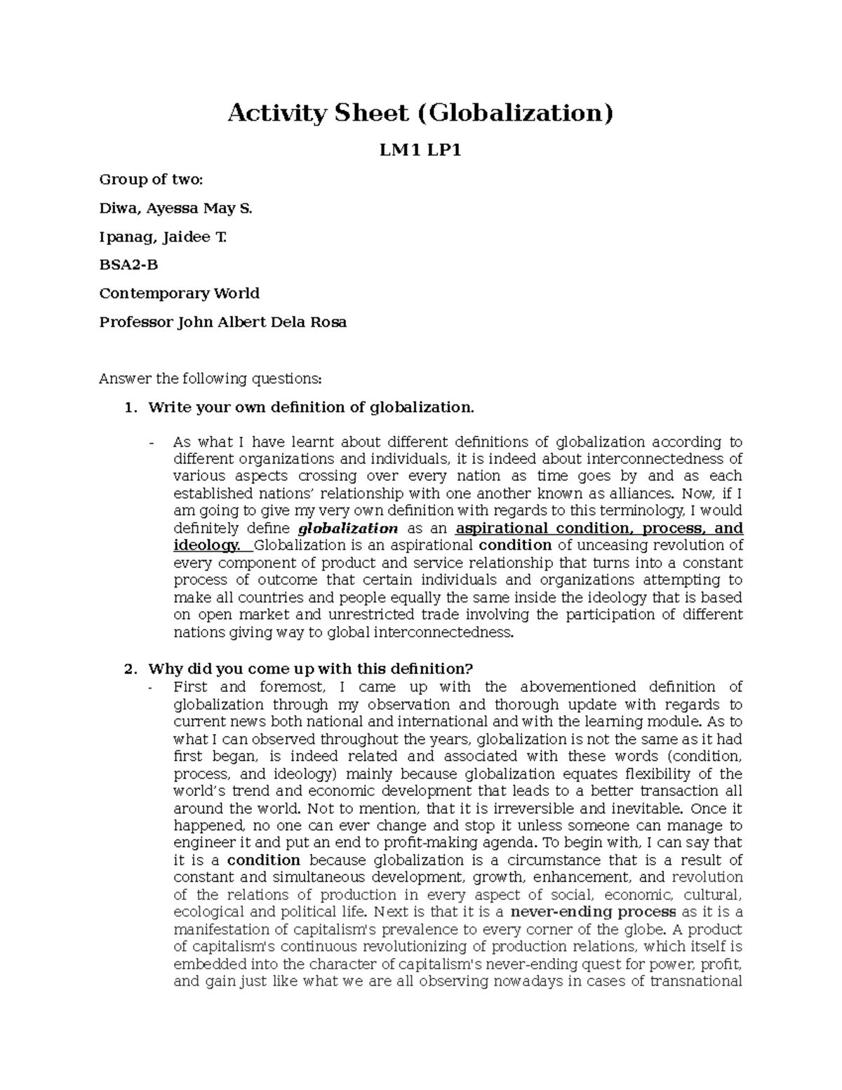 Activity Sheet Lp1 - contemporary world - Activity Sheet (Globalization ...