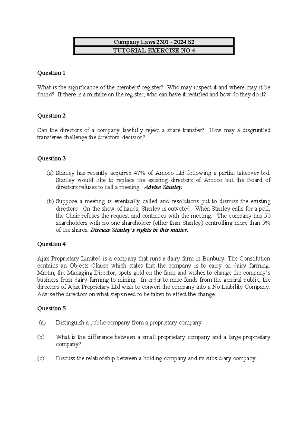 Tutorial Exercise NO 4 Company Laws 2301 - 2024 S2 - Company Laws 2301 - 2024 S TUTORIAL ...