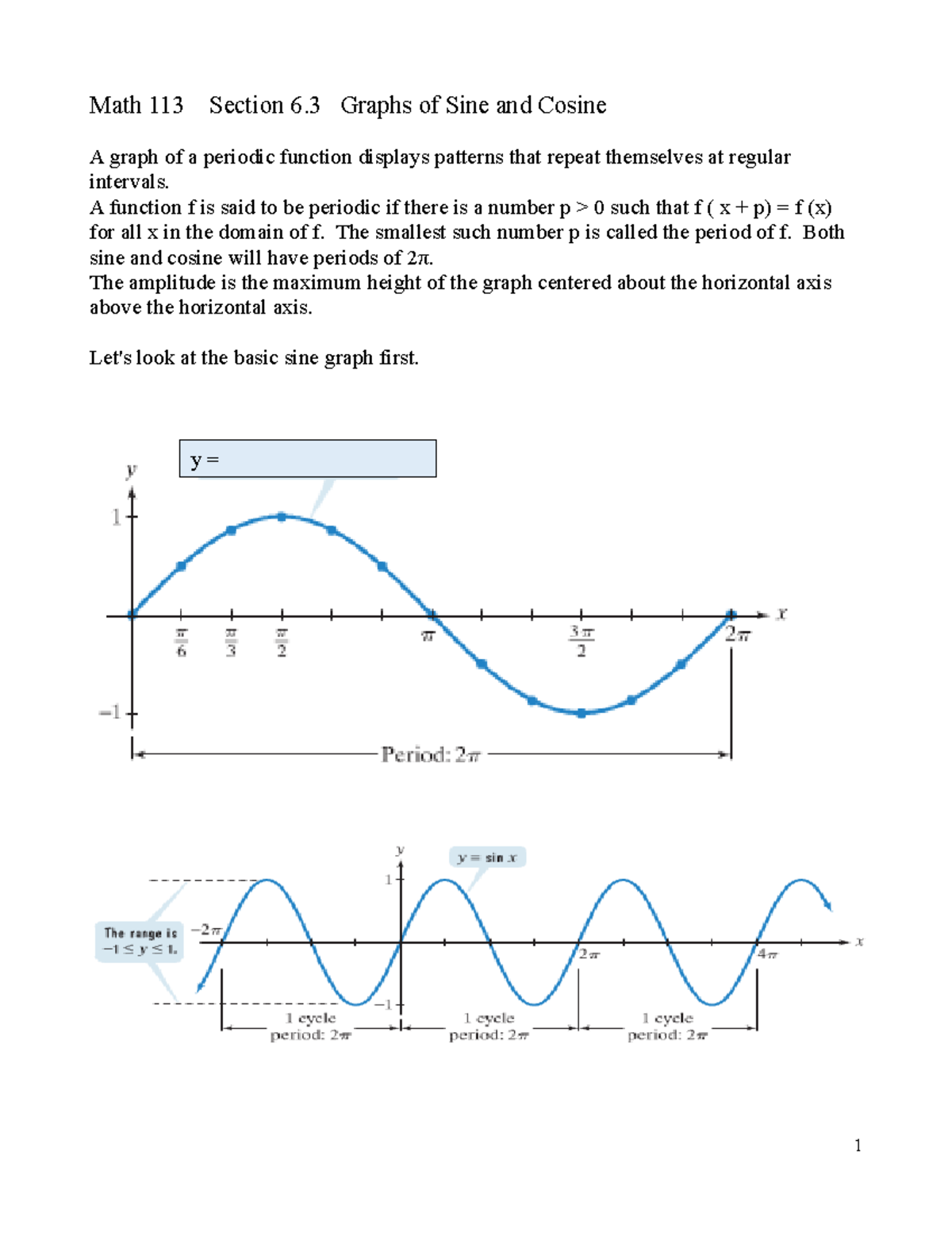 Section 6.3 Graphs of Sine and Cosine - Math 113 Section 6 Graphs of ...