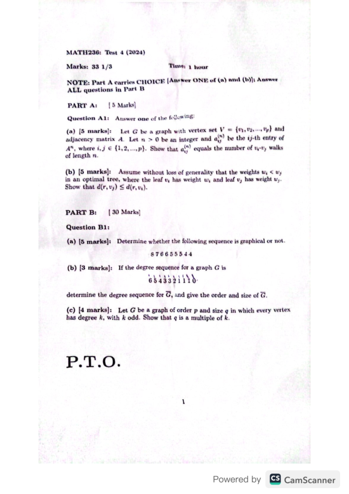 Math 236 Test 4 - MATH236: Test 4 (2024) Marks: 33 Time: 1 hour NOTE ...