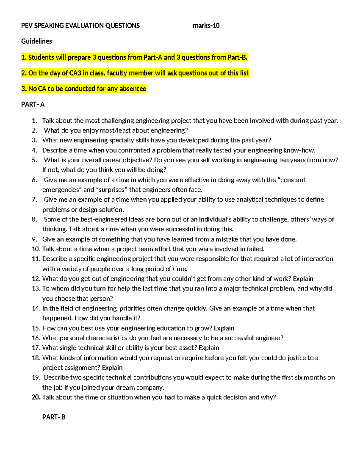 PEV113 CA3 Speaking Evaluation Questions - PEV SPEAKING EVALUATION QUESTIONS marks- Guidelines ...