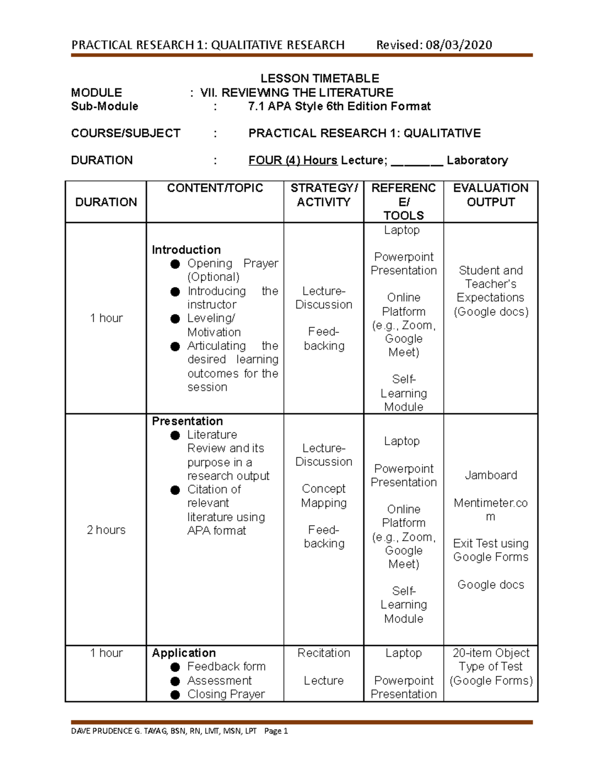 Module 7 APA Citation - LESSON TIMETABLE MODULE : VII. REVIEWING THE ...