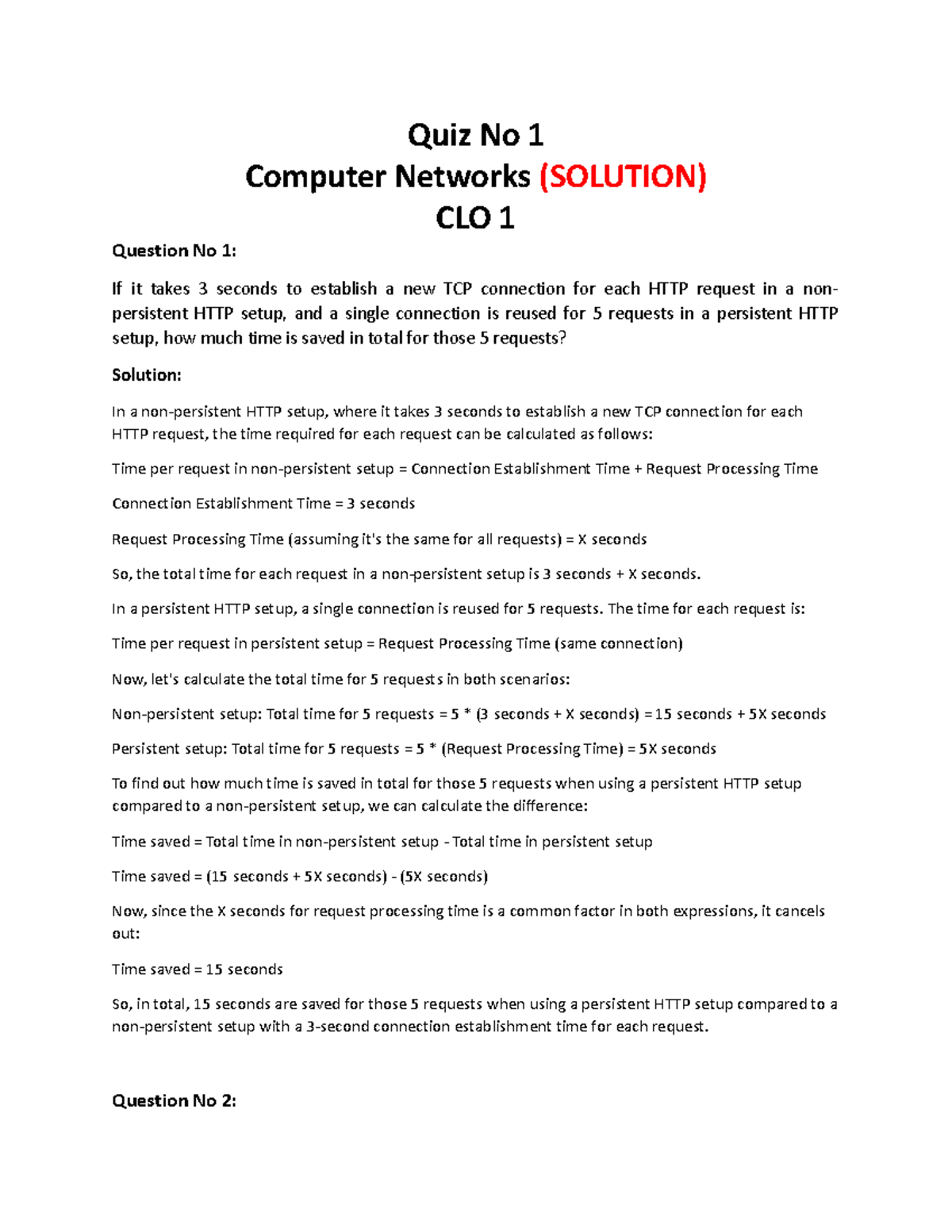 Quiz No 1 Solution Quiz No 1 Computer Networks Solution Clo 1 Question No 1 If It