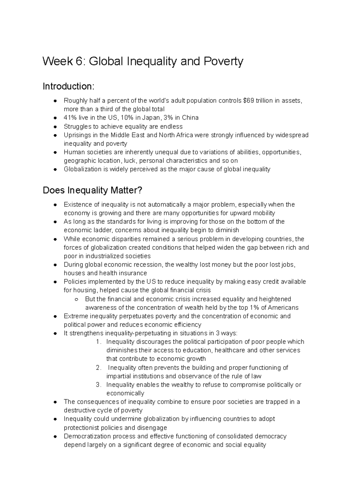 Week 6 Intro to International Studies - Week 6: Global Inequality and ...