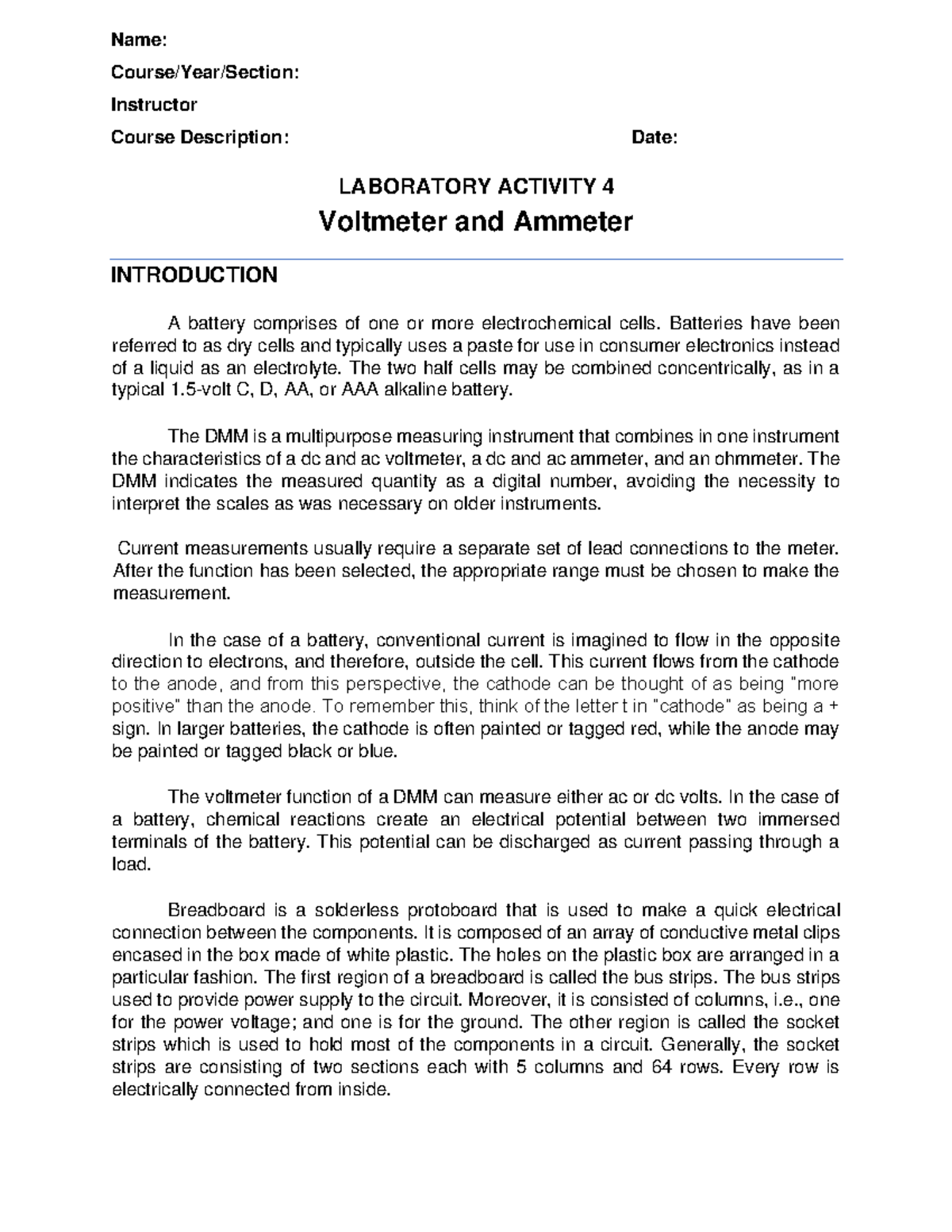WS 4 VOM Voltmeter Ammeter - Name: Course/Year/Section: Instructor ...