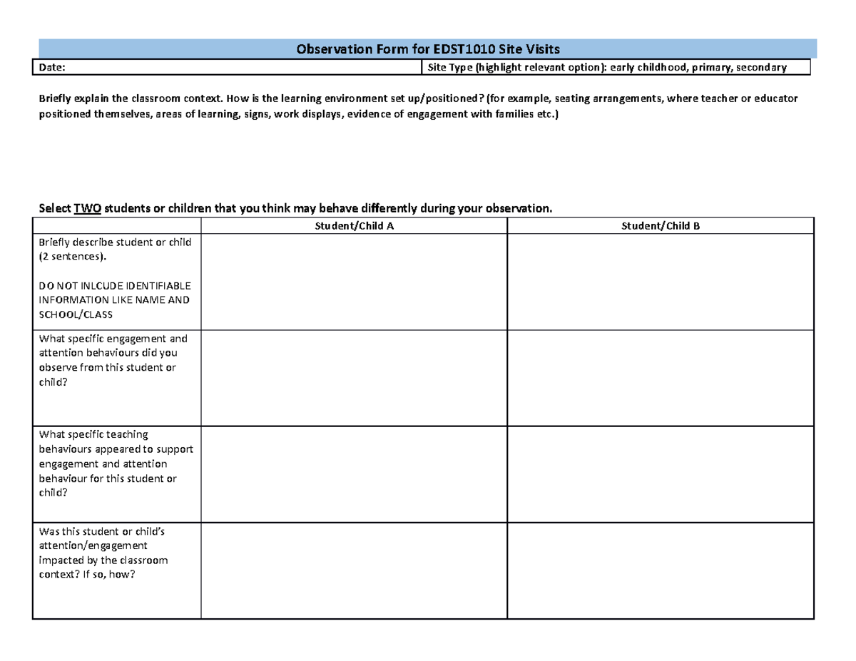EDST1010 Site Visit Observation Form 01082023-2 - Observation Form for ...