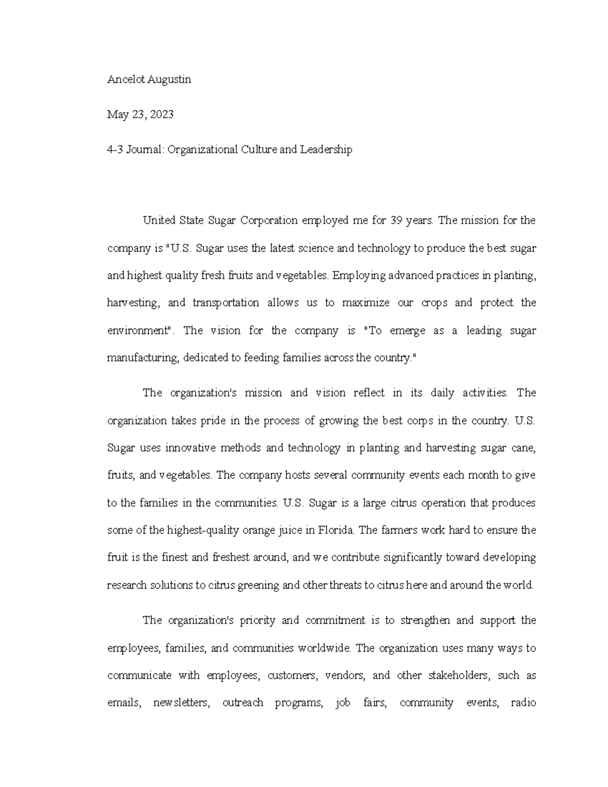 BUS 210 Journal Organizational Culture and Leadership - bus 210 - SNHU ...