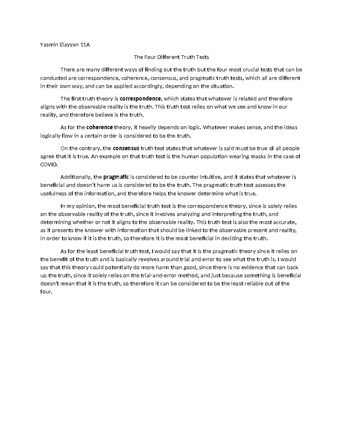 The truth tests essay yasmin elayyan - Yasmin Elayyan 11A The Four ...