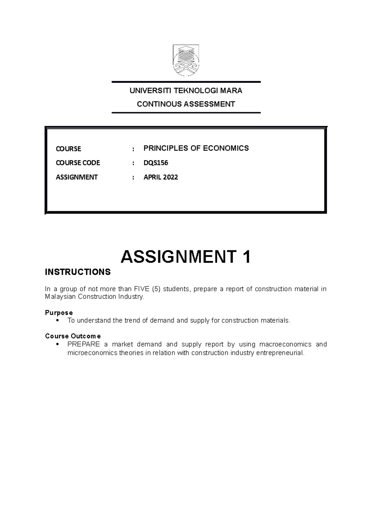 Assignment 1 MAC2022 - UNIVERSITI TEKNOLOGI MARA CONTINOUS ASSESSMENT ...