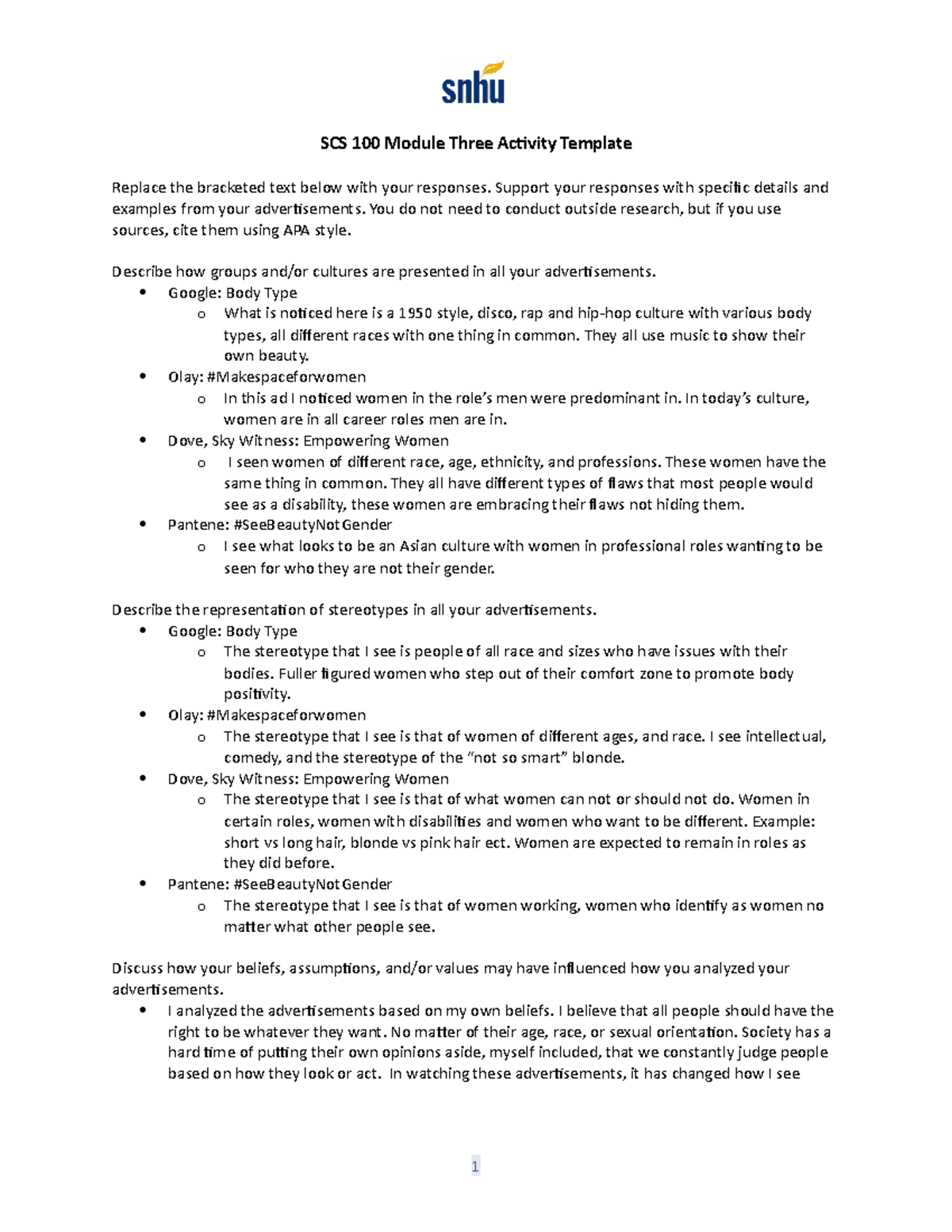 SCS 100 Module Three Activity - Support your responses with specific ...