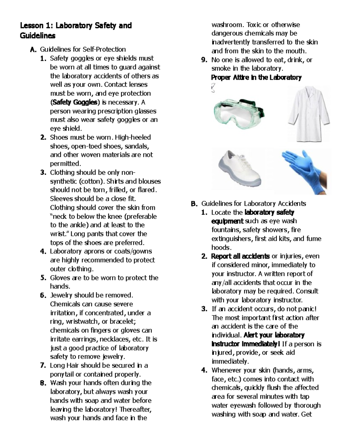 Organic Chemistry Lab - Lesson 1 : Laboratory Safety and Guidelines A ...