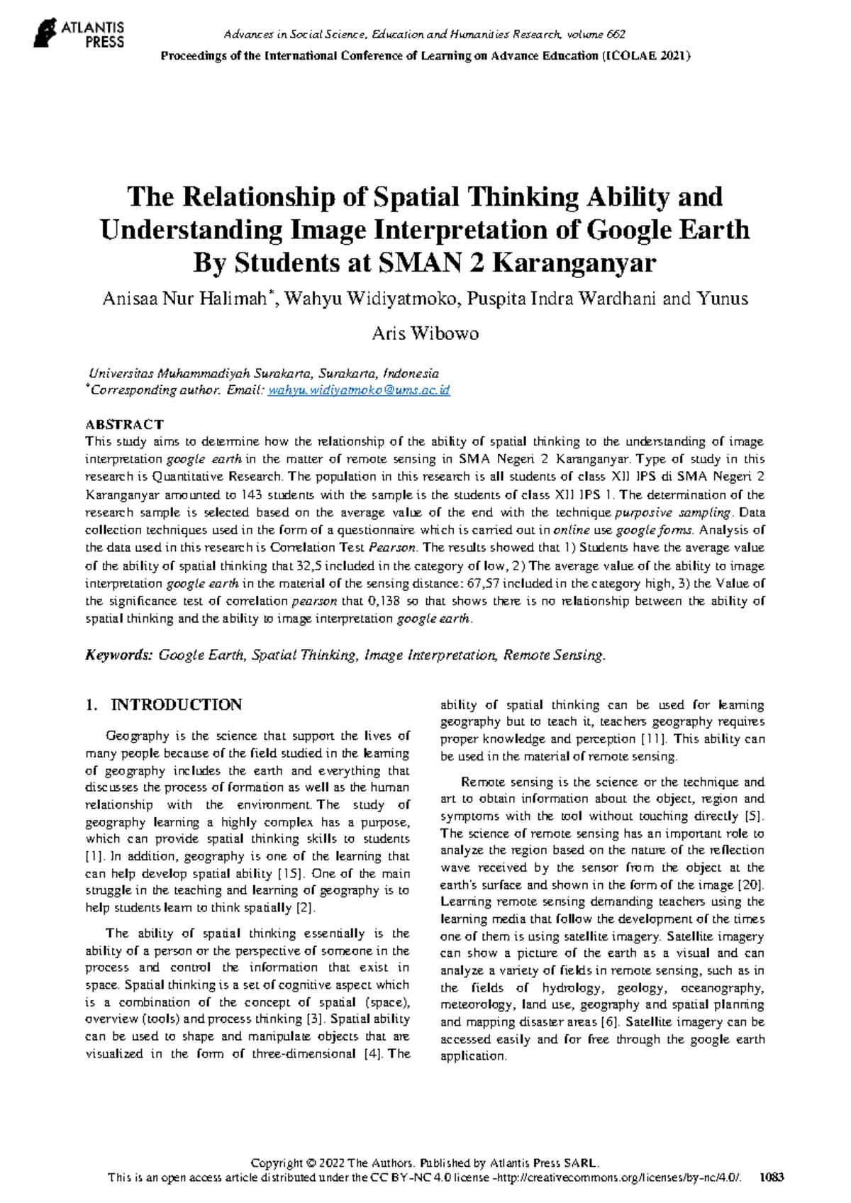 134. The Relationship of Spatial Thinking Ability and Understanding Image Interpretation of ...