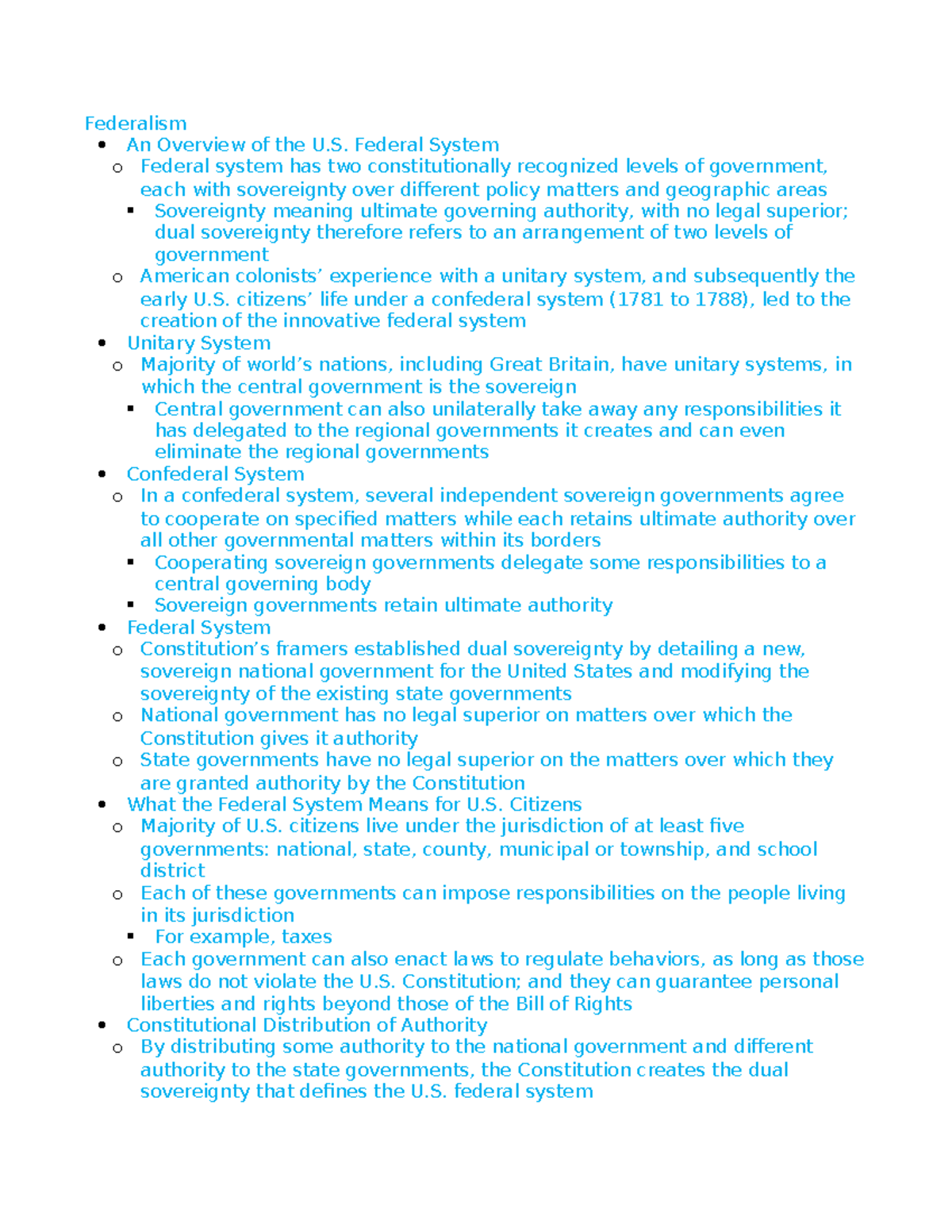 Chapter 3 notes - An Overview of the US Federal System: Unitary System ...