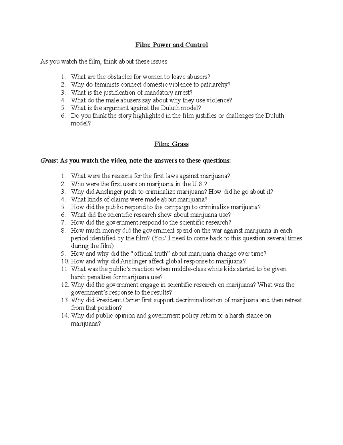 Film Questions - Film: Power and Control As you watch the film, think ...