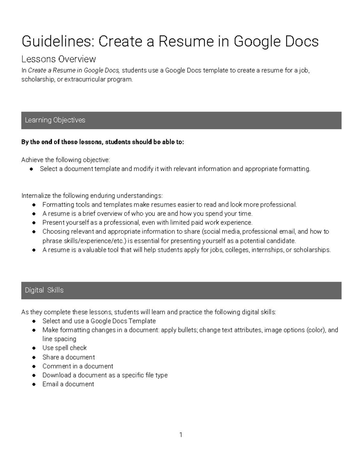 Assignment 1 - Guidelines - Guidelines: Create a Resume in Google Docs ...