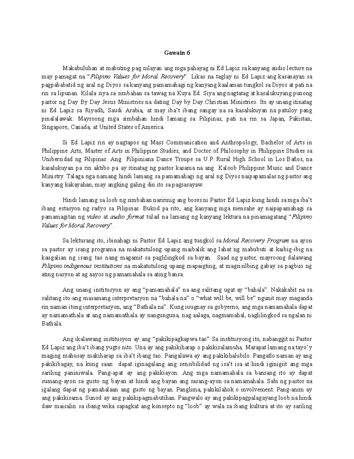 Filipino Values for Moral Recovery - Likas na taglay ni Ed Lapiz ang ...