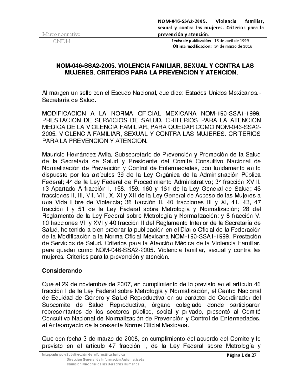 NOM-046-SSA2-2005 Violencia Familiar Sexual - Marco normativo sexual y contra las mujeres ...