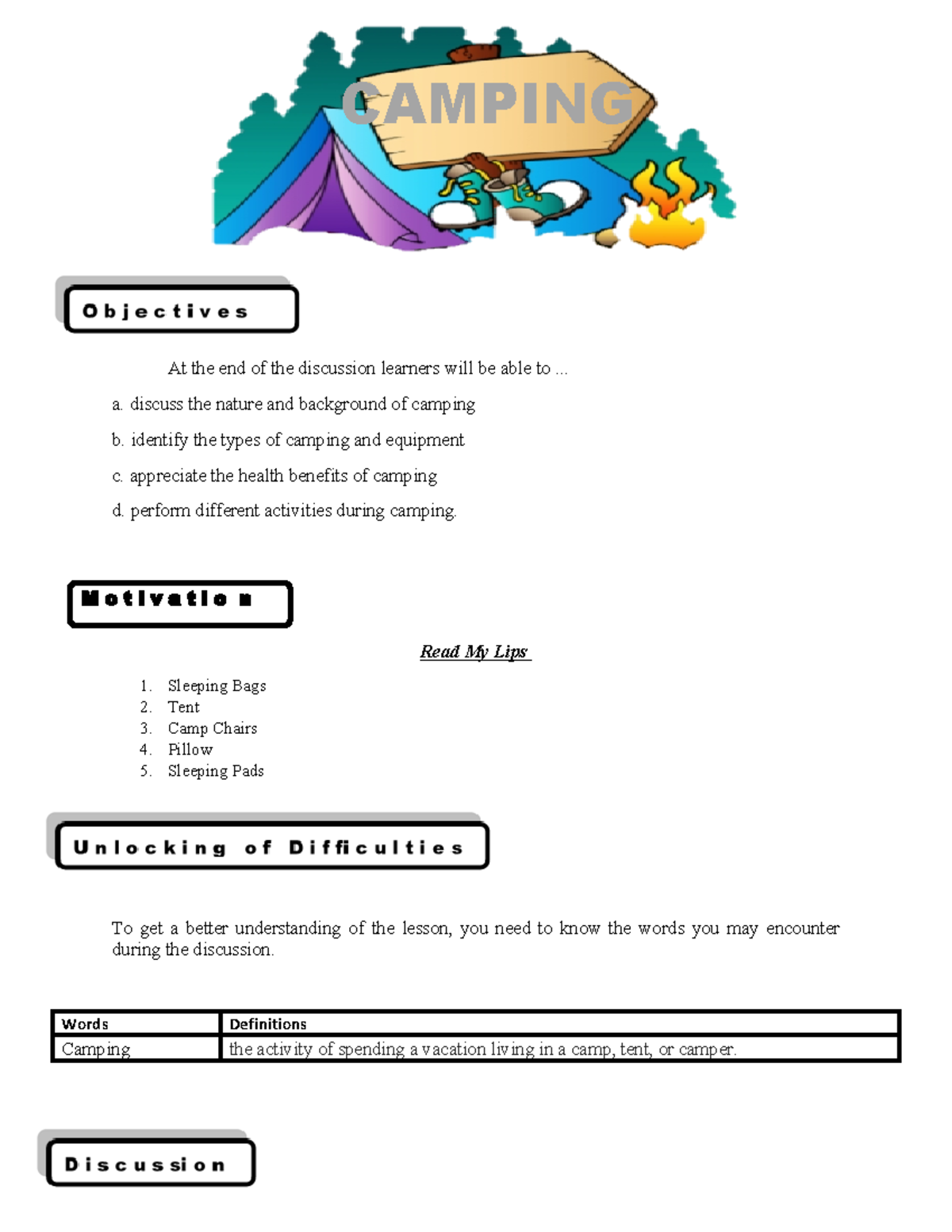 Lesson 6 - Camping - At the end of the discussion learners will be able ...