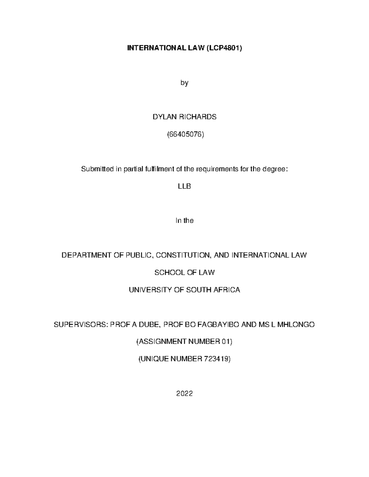 66405076 - LCP4801 Assignment 01 - INTERNATIONAL LAW (LCP4801) by DYLAN ...