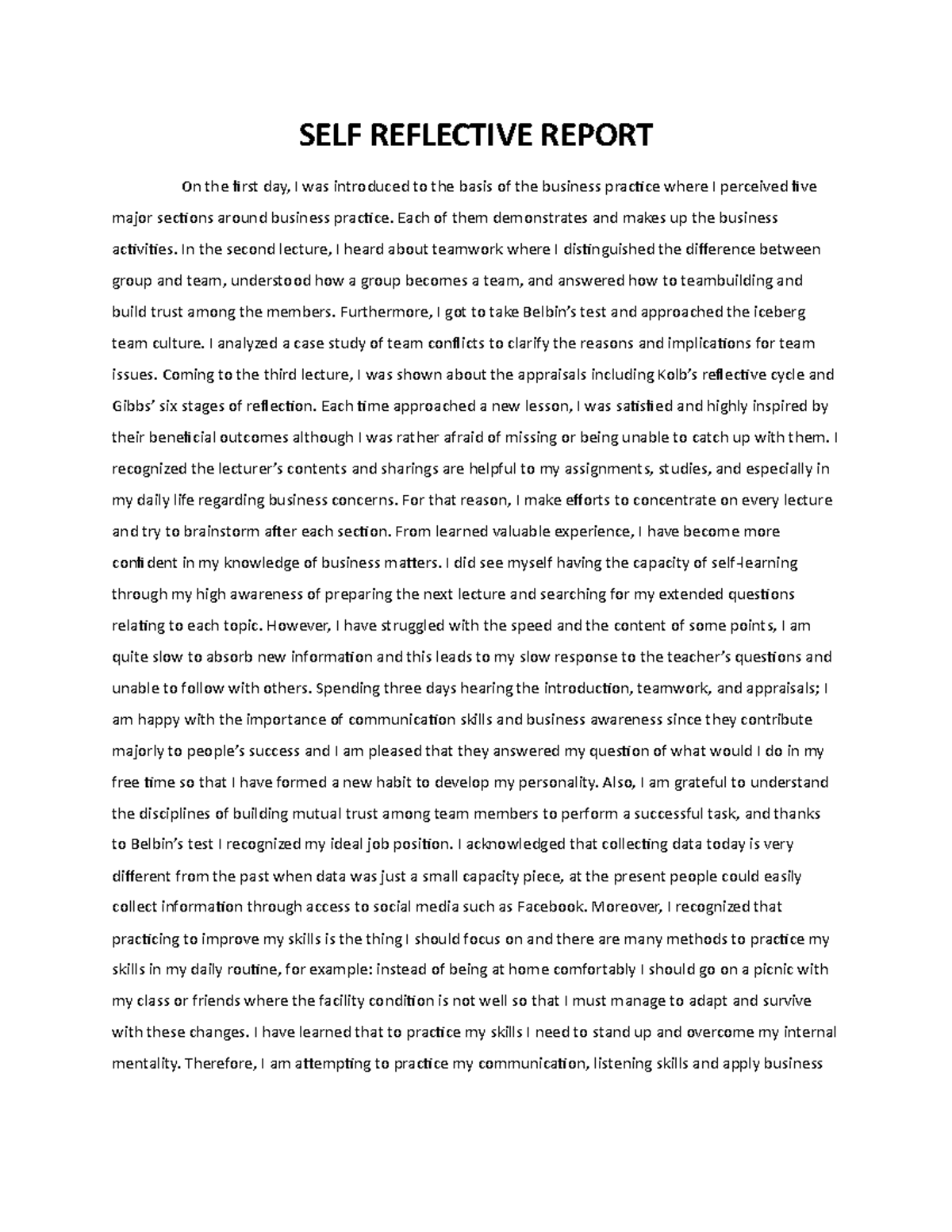 17-11-2021 Nguyễn Minh Sơn - SELF REFLECTIVE REPORT On the first day, I ...