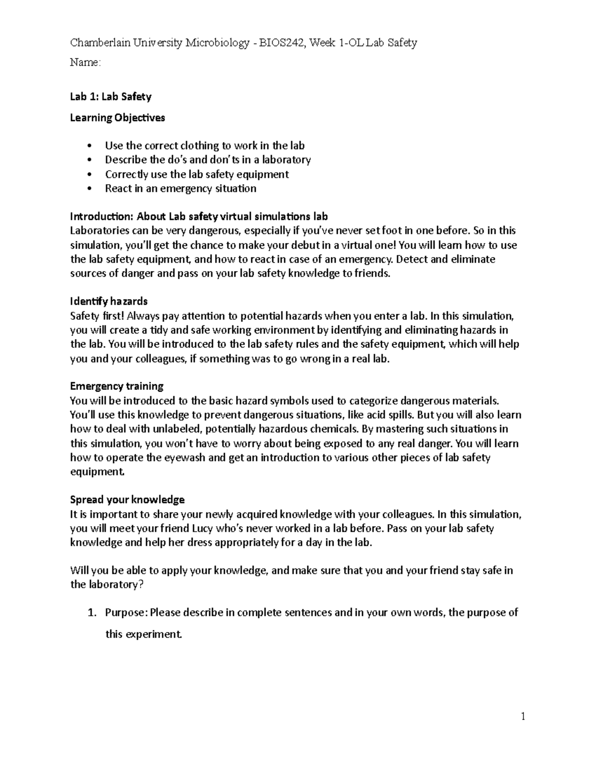 Chamberlain University Microbiology - BIOS242, Week 1-OL Lab Safety ...