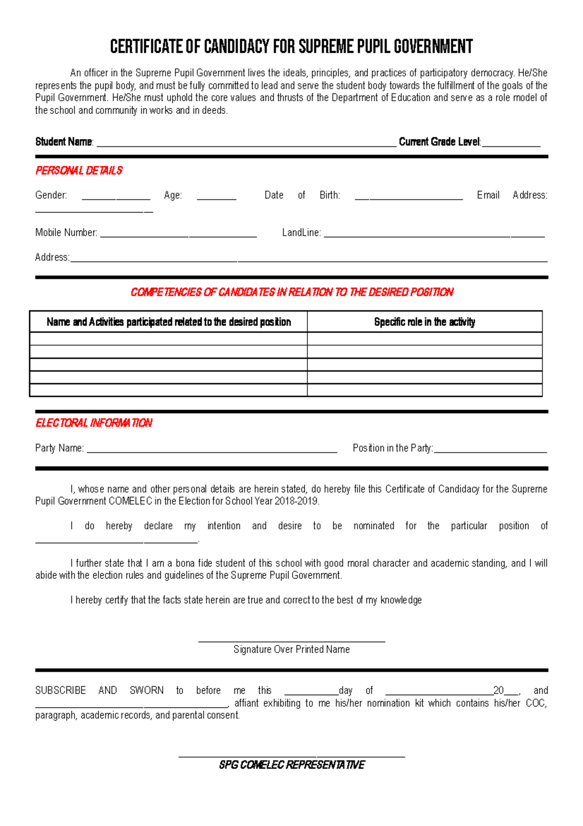 COC for SPG - notes - CERTIFICATE OF CANDIDACY FOR SUPREME PUPIL ...