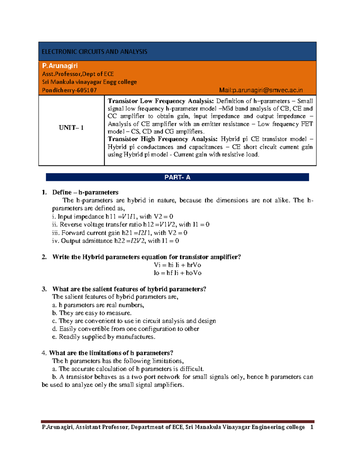 Unit 1 - all units eca notes - P, Assistant Professor, Department of ...