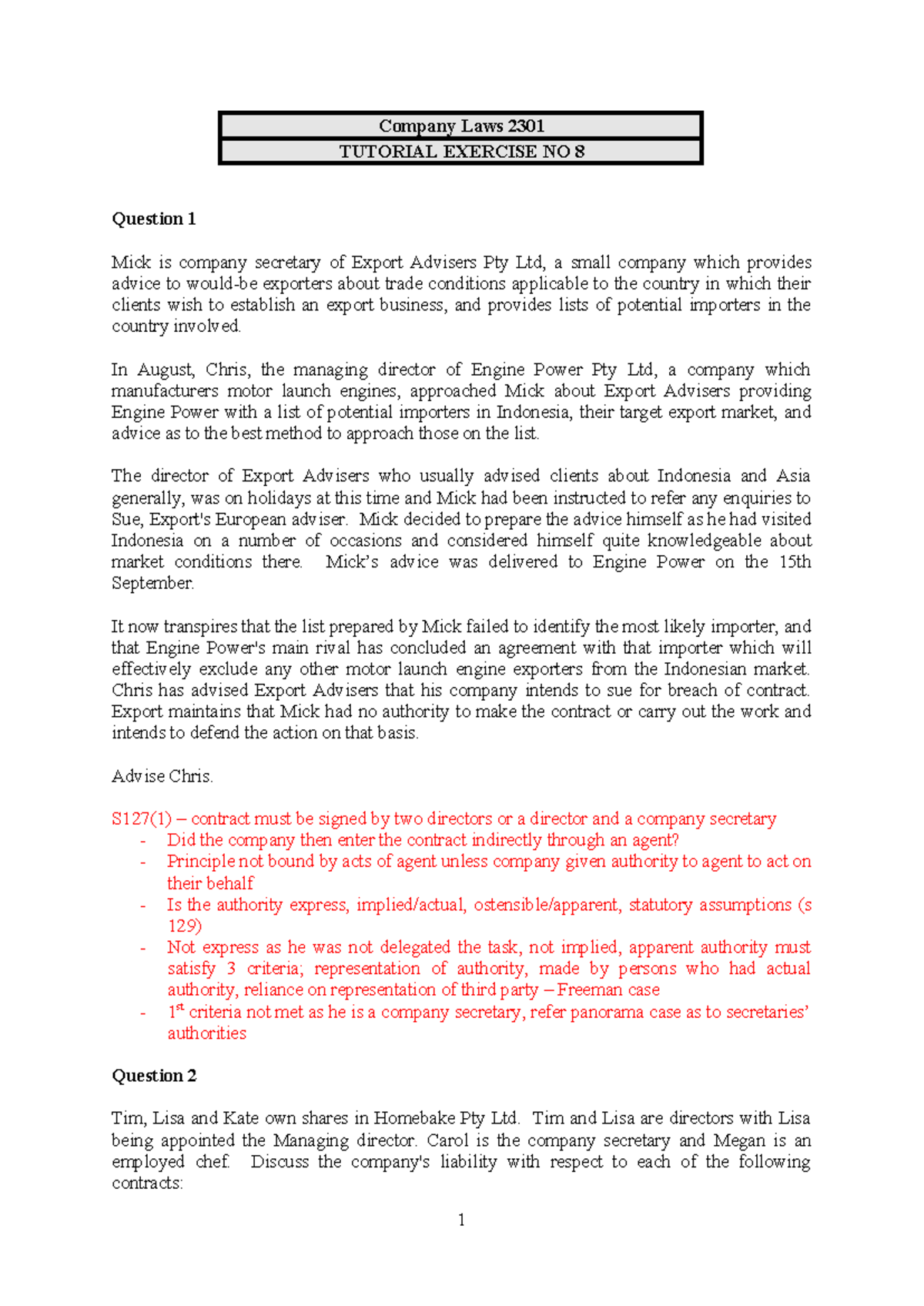 Tutorial Exercise NO 8 Company Laws 2301 - Company Laws 2301 TUTORIAL EXERCISE NO 8 Question 1 ...