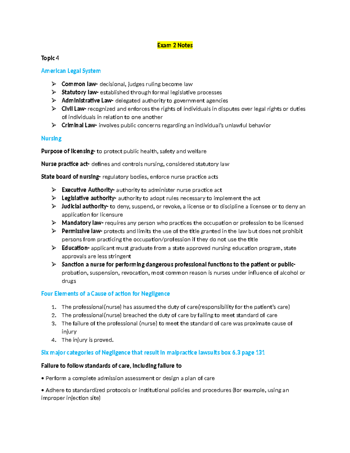 Exam 2 Notes - Exam 2 Notes Topic 4 American Legal System Common law ...