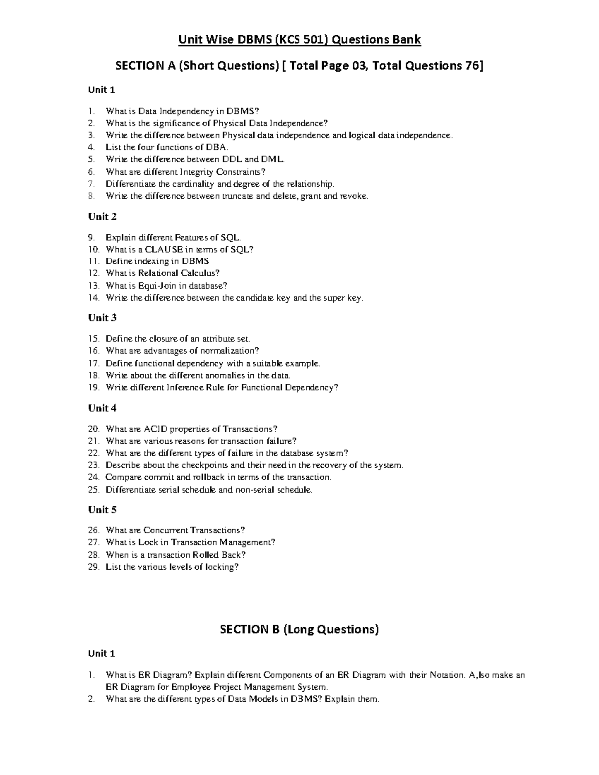 Question Bank of DBMS - Hahja. Abahajau - Unit Wise DBMS (KCS 501 ...