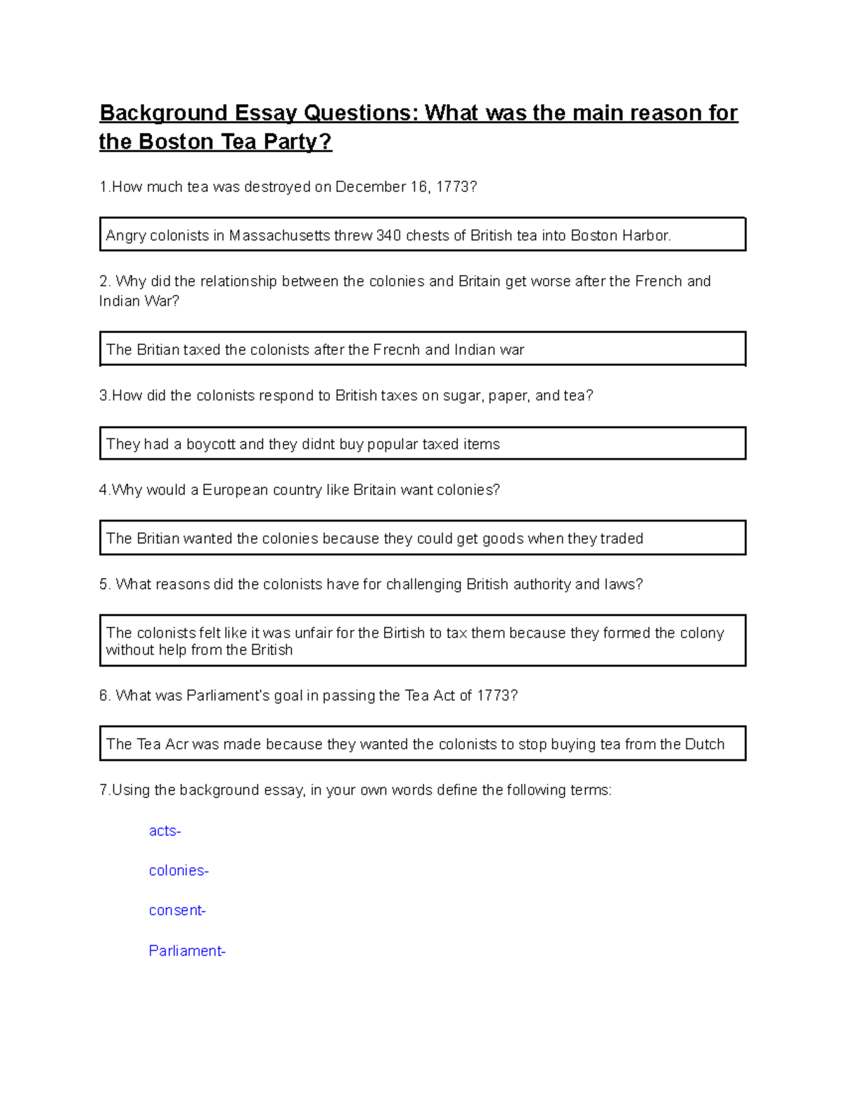 DBQ Money or Power What the main reason for the Boston Tea Party ...