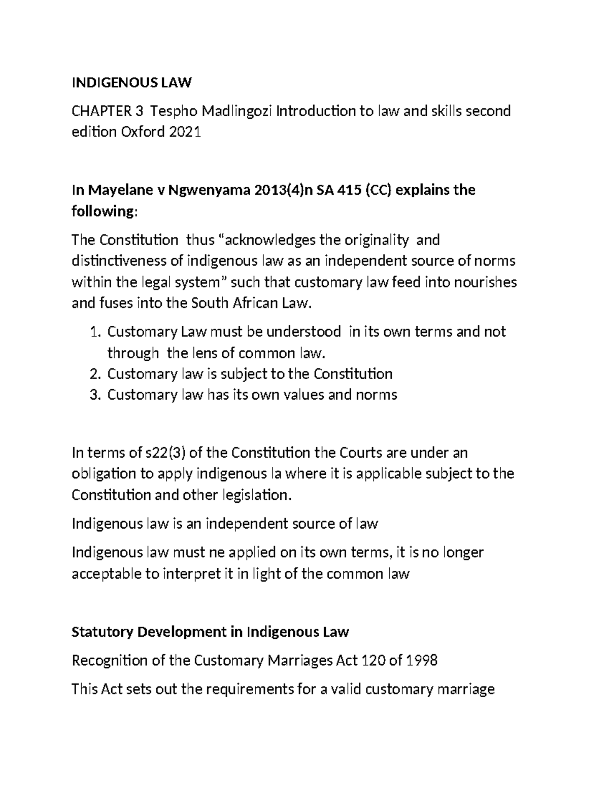 Intro to law lesson 3 - INDIGENOUS LAW CHAPTER 3 Tespho Madlingozi ...