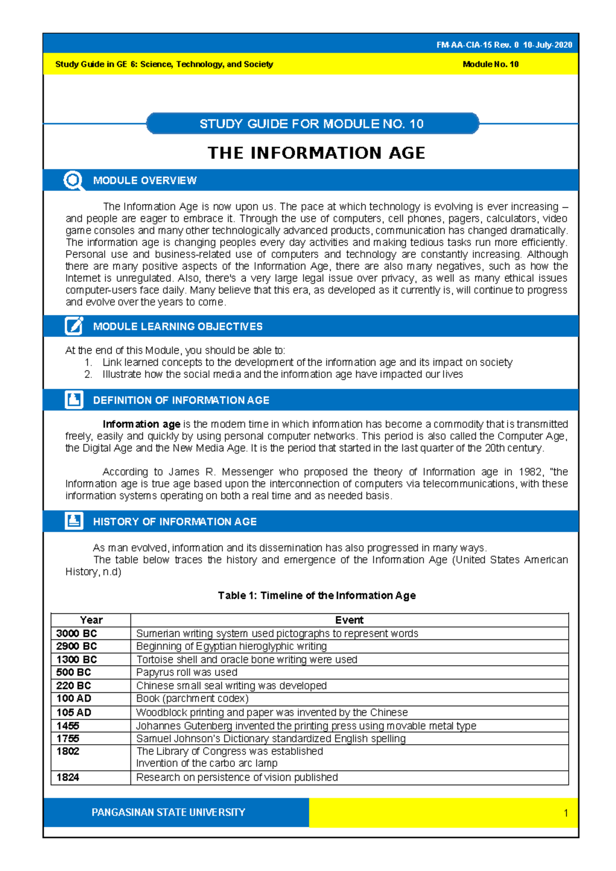 Science, Technology and Society - The Information Age - STUDY GUIDE FOR ...