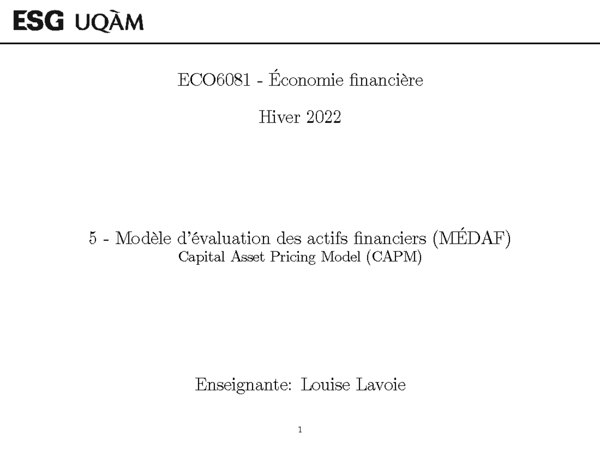 ECO6081 - 5 - Médaf - Cours sur le modèle du MEDAF en économie ...