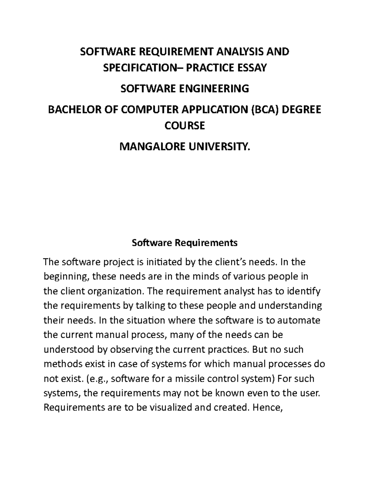 SOFTWARE REQUIREMENT ANALYSIS AND SPECIFICATION. - SOFTWARE REQUIREMENT ANALYSIS AND ...