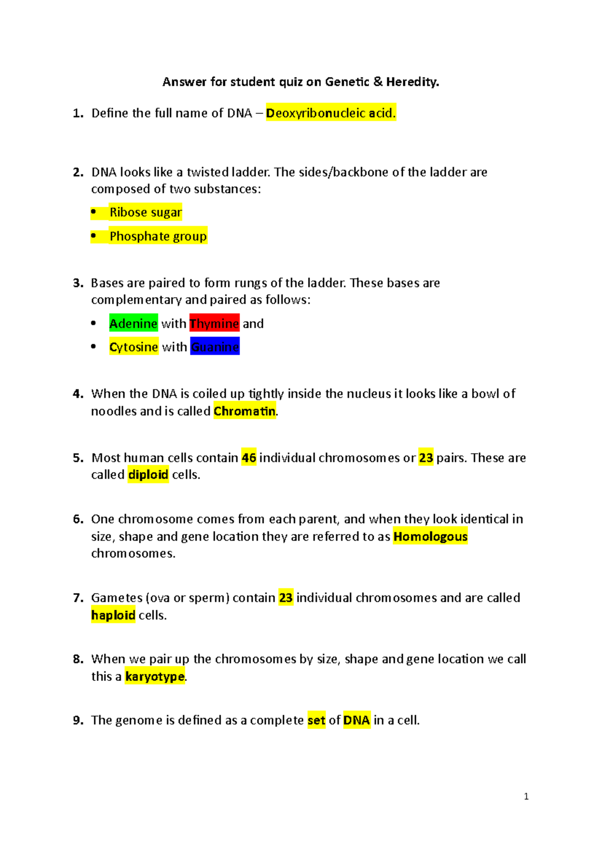 Answer for student quiz on Genetics and Heredity week 1 - Answer for ...