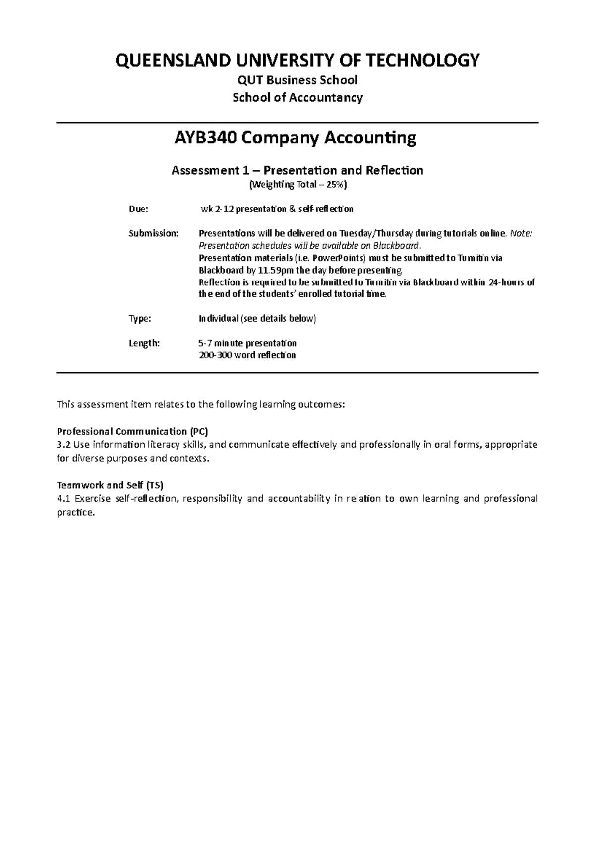 AYB340 Assessment 1 outline 2020 - QUEENSLAND UNIVERSITY OF TECHNOLOGY ...