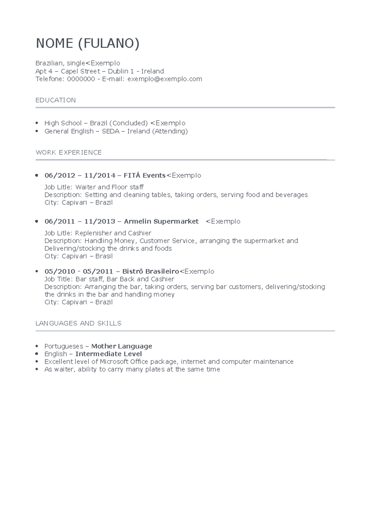 Modelo CV - KP - NOME (FULANO) Brazilian, single