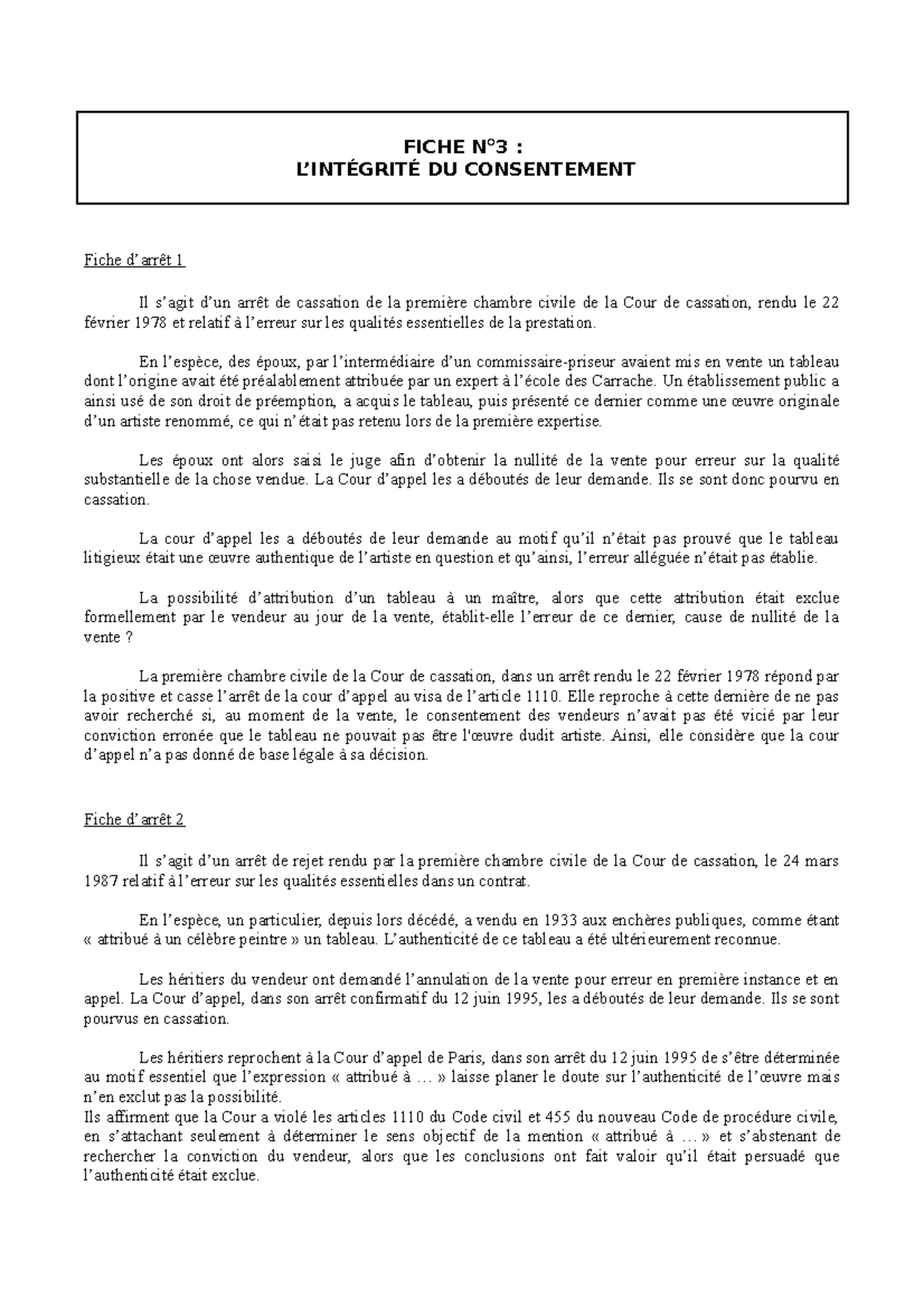 Fiche 3 - FICHE N°3 : L’INTÉGRITÉ DU CONSENTEMENT Fiche d’arrêt 1 Il s ...