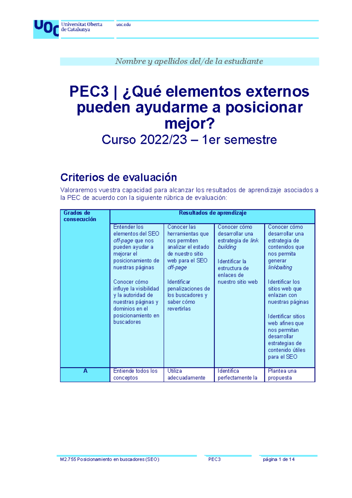 Posicionamiento en buscadores PEC3 - Nombre y apellidos del/de la estudiante PEC3 | ¿Qué ...