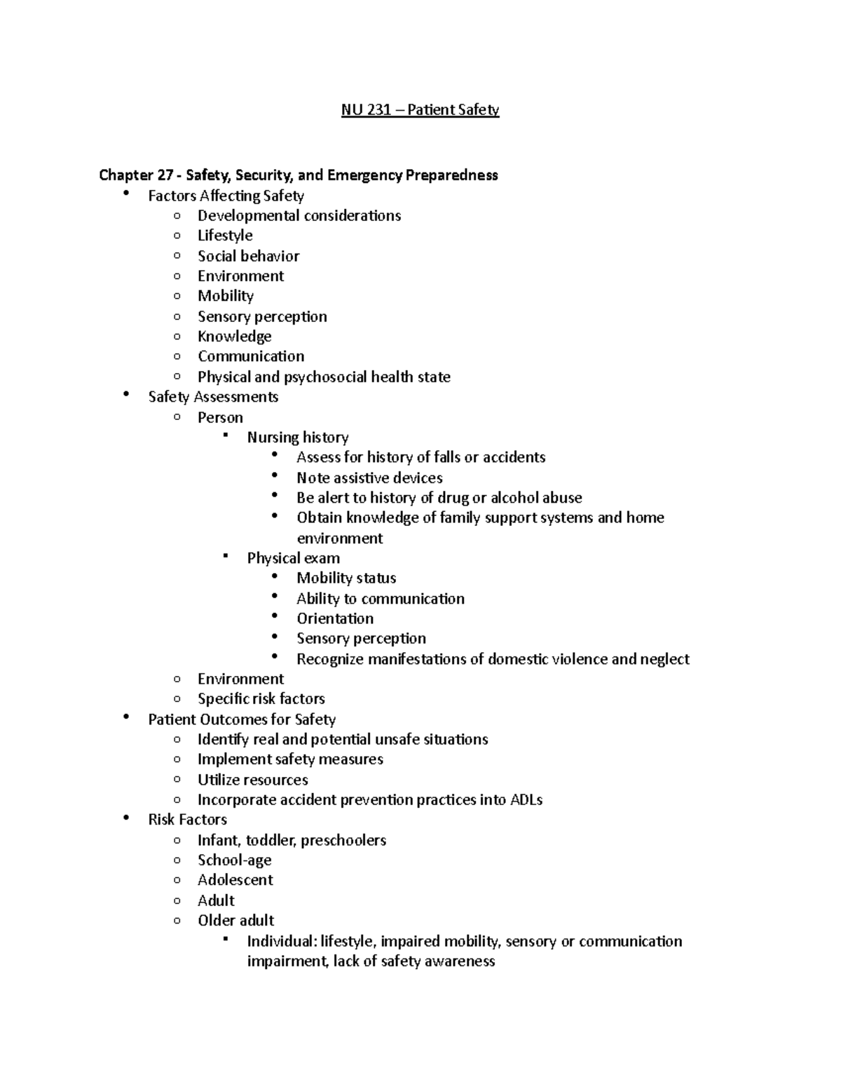 Patient Safety - lecture notes 231 - NU 231 – Patient Safety Chapter 27 ...