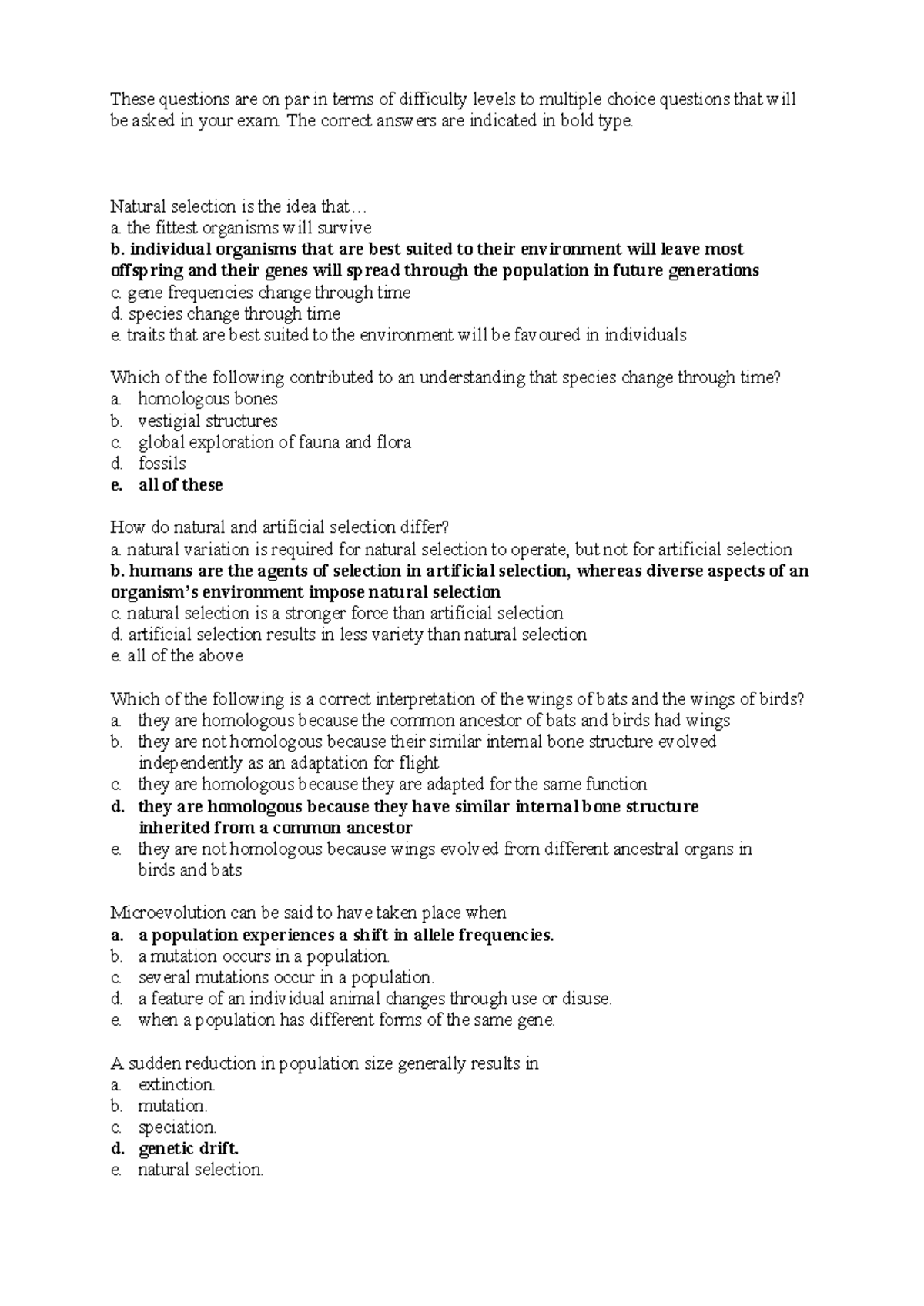 Evolution - Mock exam questions - These questions are on par in terms ...