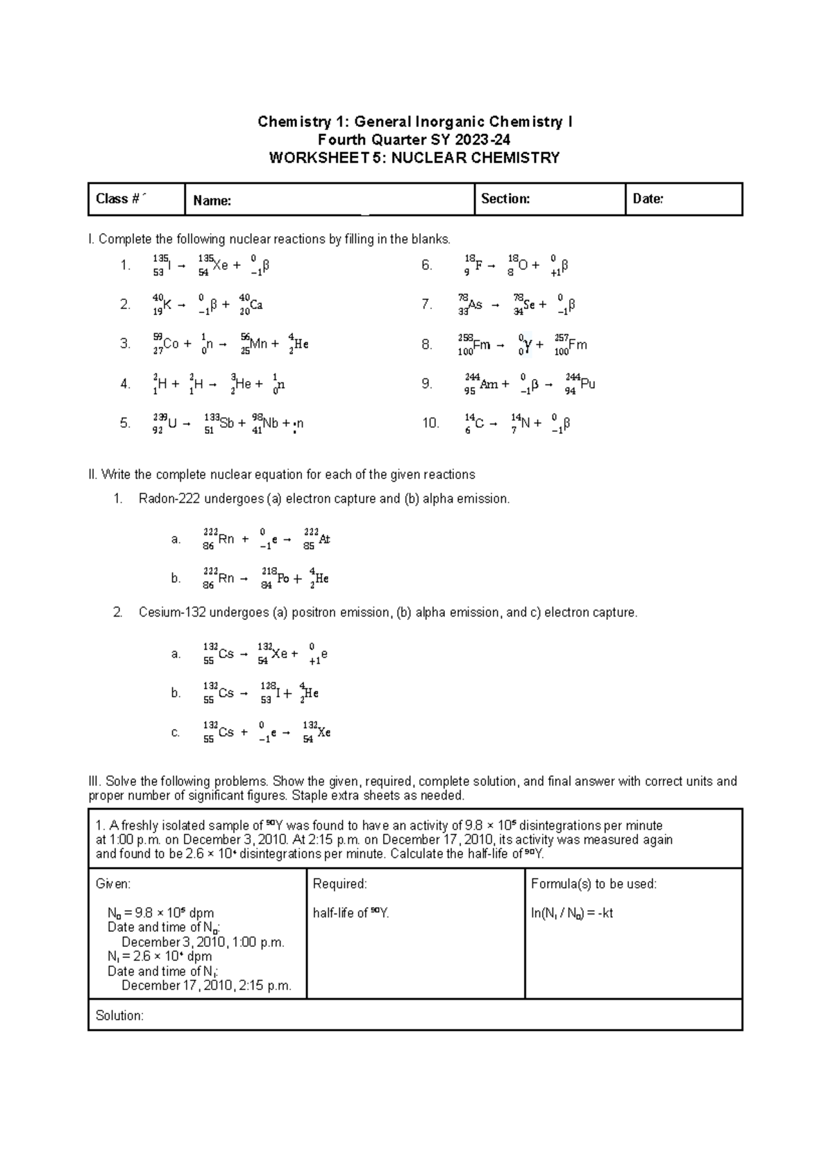 Nuclear Chemistry Worksheet - Republic of the Philippines DEPARTMENT OF ...