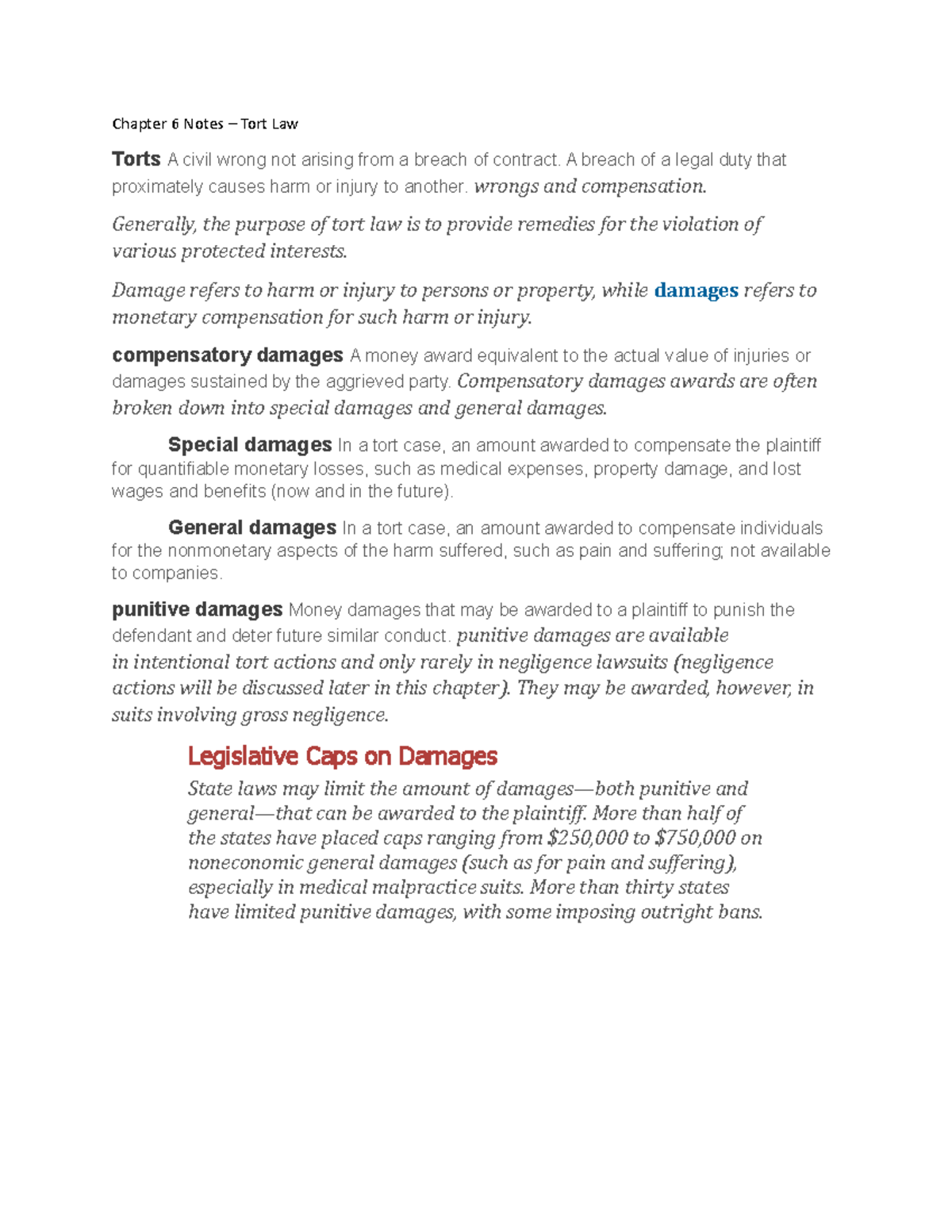 Chapter 6 Notes - Chapter 6 Notes – Tort Law Torts A civil wrong not ...