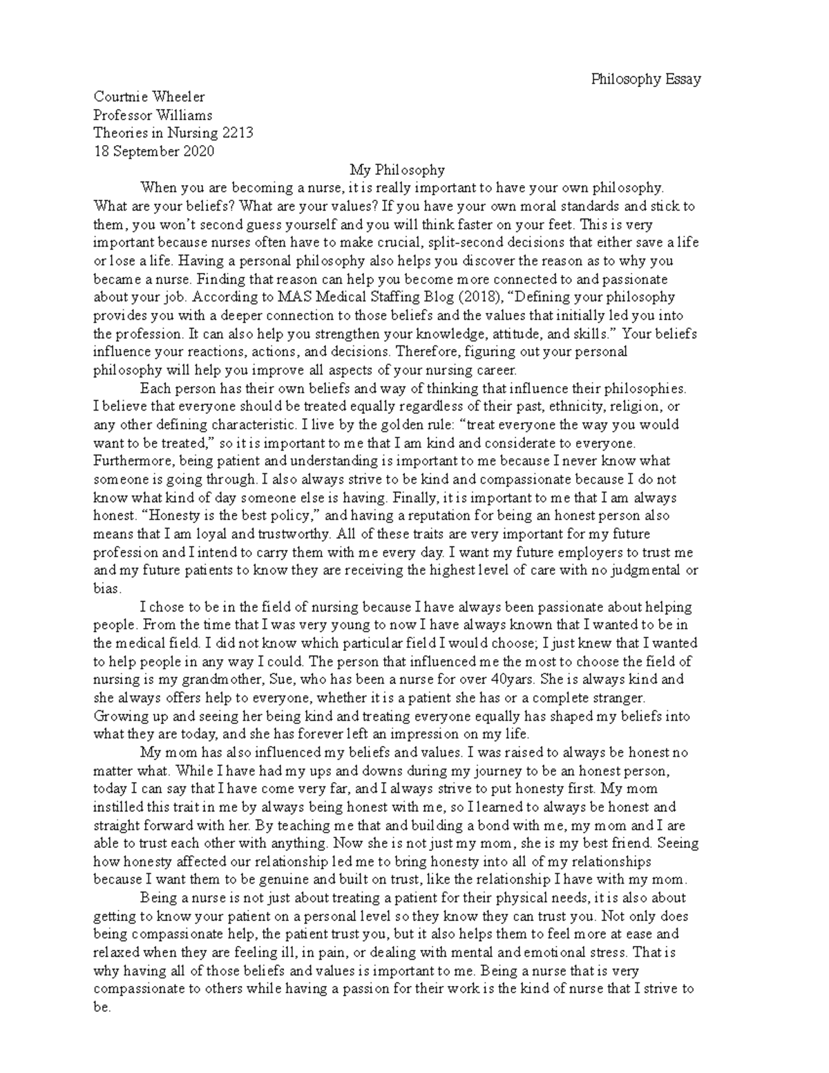 Philosophy essay - Grade: A+ - Philosophy Essay Courtnie Wheeler ...