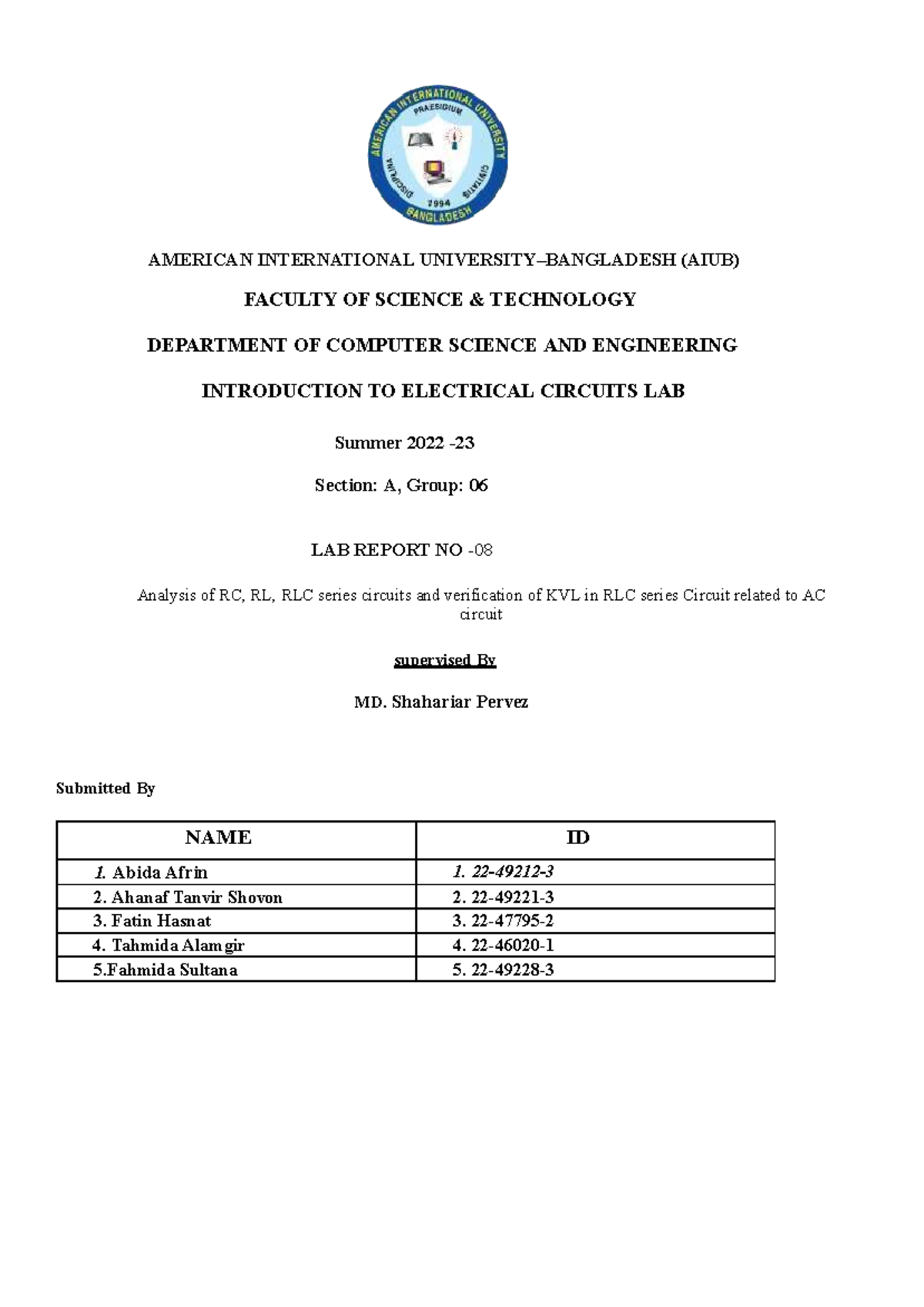 Exp8G6 - AMERICAN INTERNATIONAL UNIVERSITY–BANGLADESH (AIUB) FACULTY OF ...