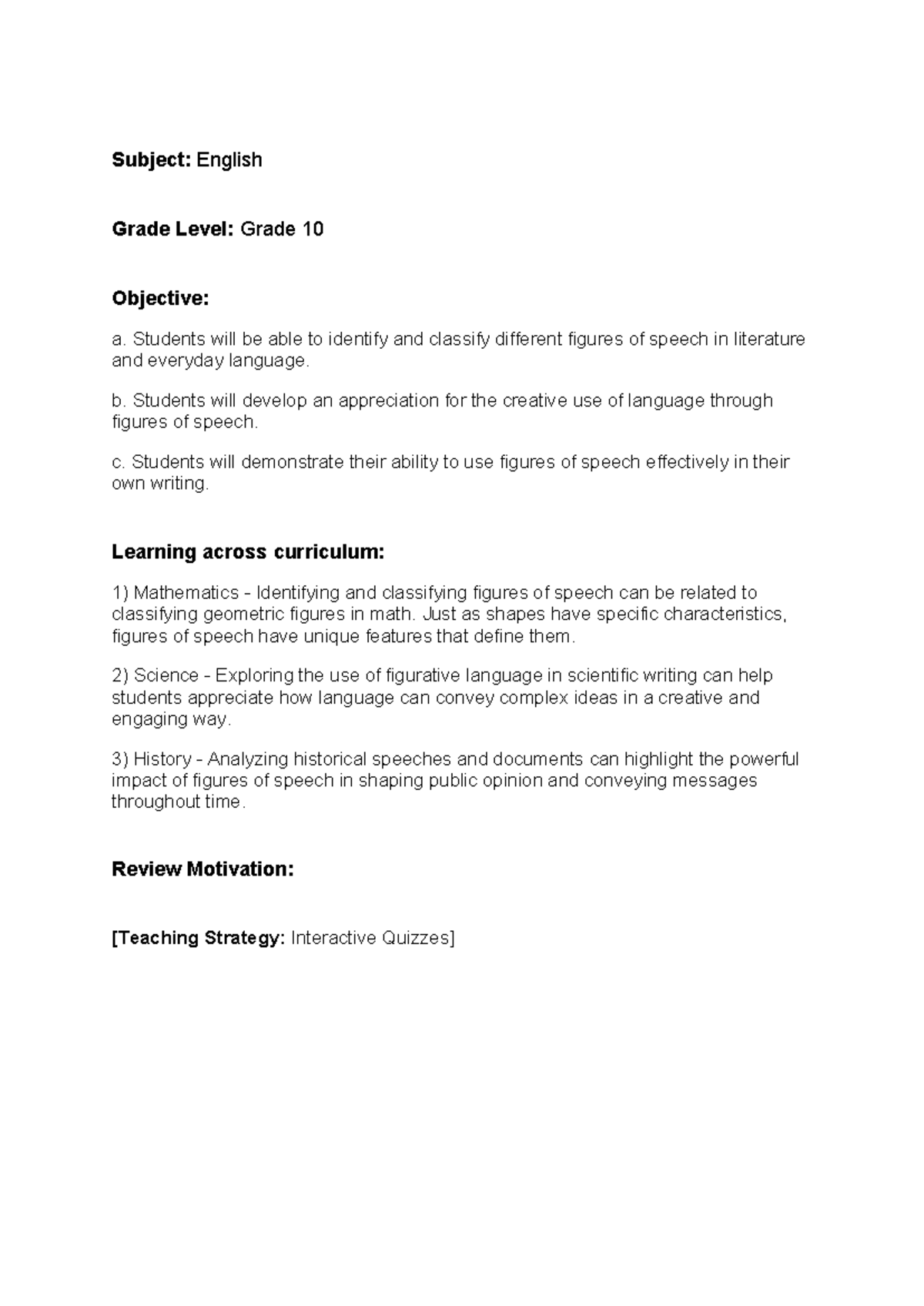 Lesson plan - Summary English Literature. A Short History - Subject ...