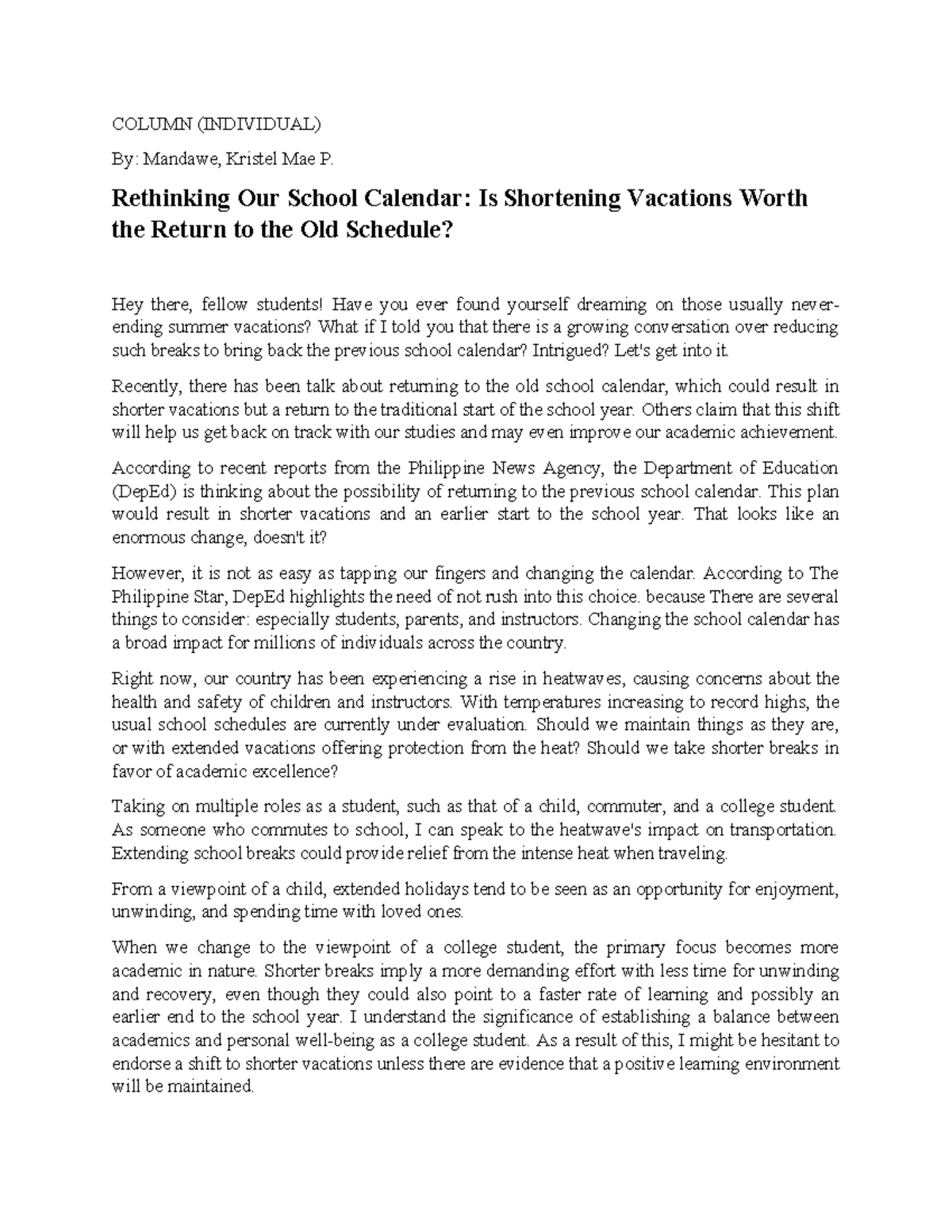 Mandawe Column - NONE - COLUMN (INDIVIDUAL) By: Mandawe, Kristel Mae P ...